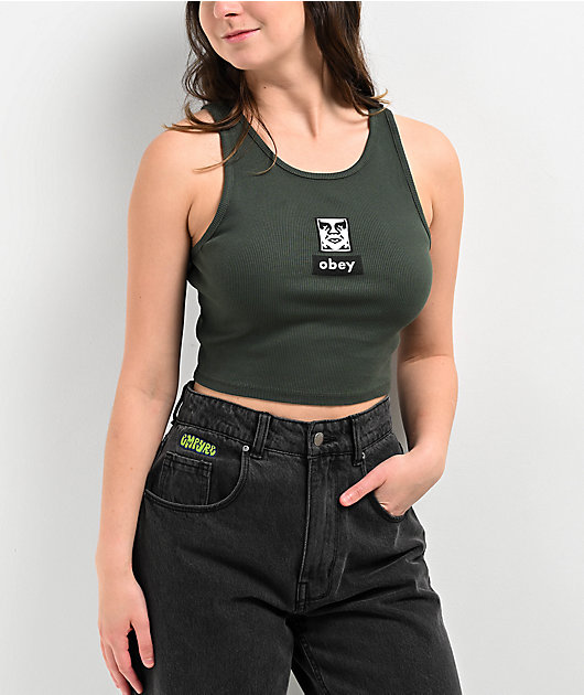 Obey Icon Face Green Crop Tank Top | Zumiez