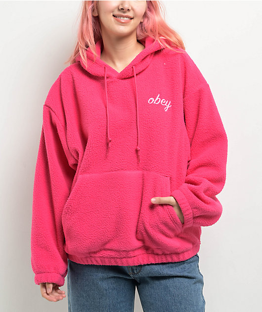 Obey Script Pink Sherpa Hoodie | Zumiez
