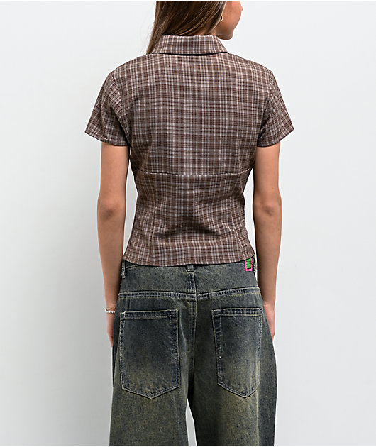 Pretty Garbage Lorane Brown Plaid Crop Button Up Shirt | Zumiez