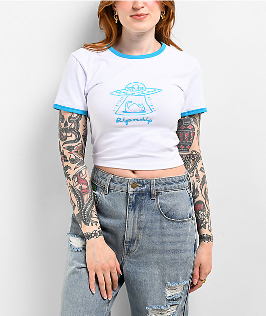 RIPNDIP Blonded White & Blue Crop Ringer T-Shirt | Zumiez