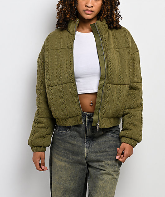 Rebel Veil Cable Knit Green Puffer Jacket | Zumiez