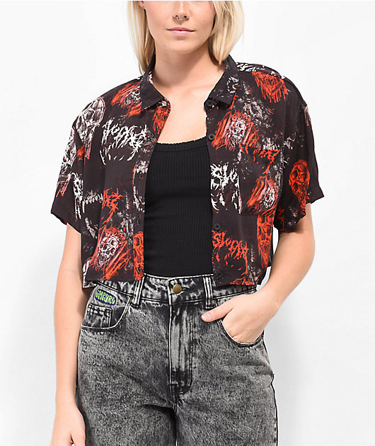 SWIXXZ Monster Pattern Black Crop Button Up Shirt | Zumiez