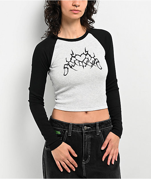 SWIXXZ Spinal Raglan Grey Long Sleeve Crop T Shirt