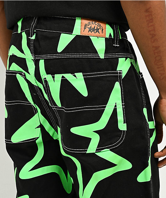 Salem7 Neon Star Black & Green Denim Jeans | Zumiez