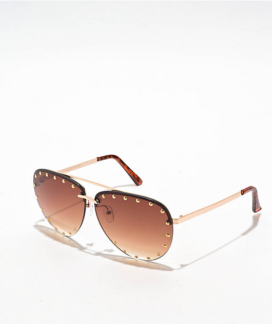 Studded Brown Pilot Sunglasses | Zumiez