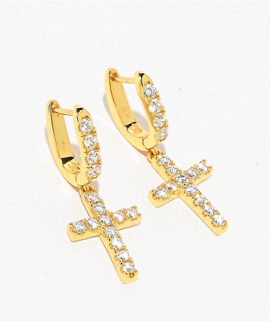 The Gold Gods Diamond Hoop & Cross Yellow Gold Earrings | Zumiez