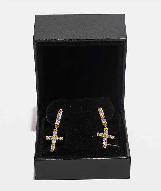 The Gold Gods Yellow Gold Diamond Cross Hoop Earrings | Zumiez