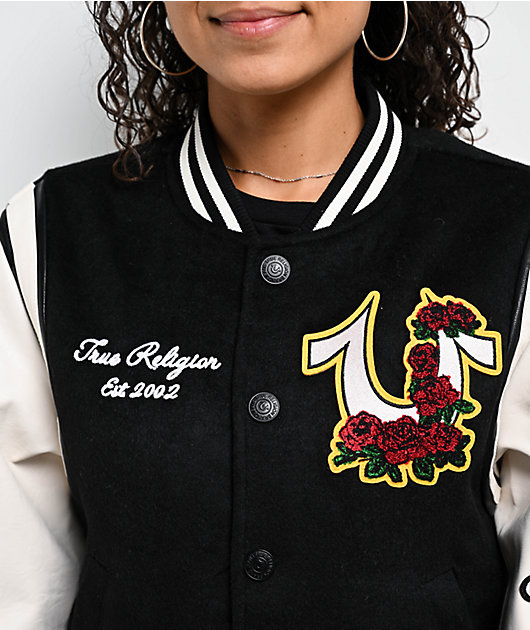 True Religion Black & Cream Embroidered Varsity Jacket | Zumiez