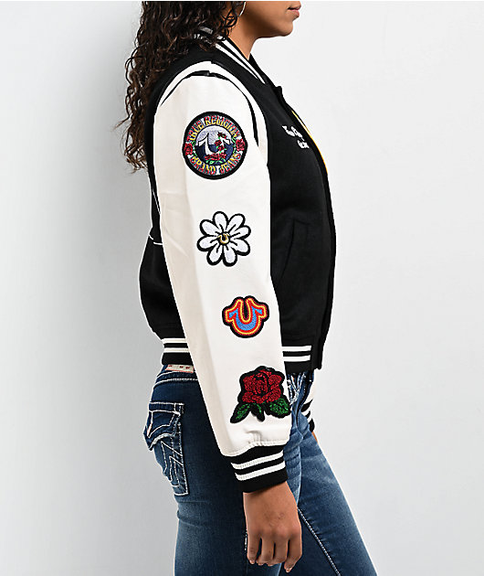 True Religion Black & Cream Embroidered Varsity Jacket | Zumiez