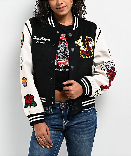 True Religion Black & Cream Embroidered Varsity Jacket | Zumiez