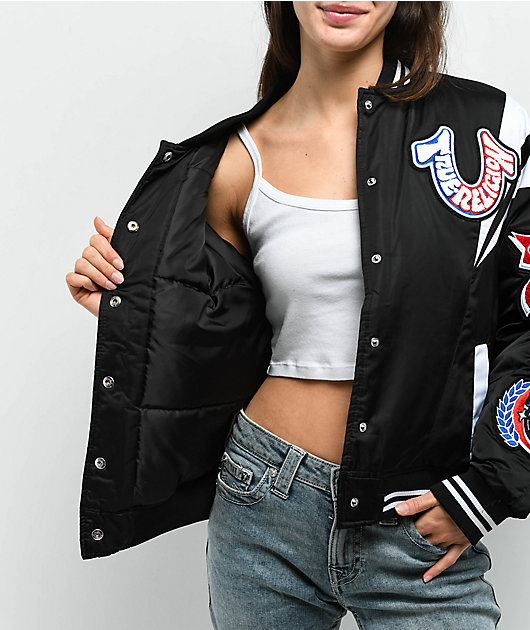 True Religion Black Satin Varsity Bomber Jacket | Zumiez
