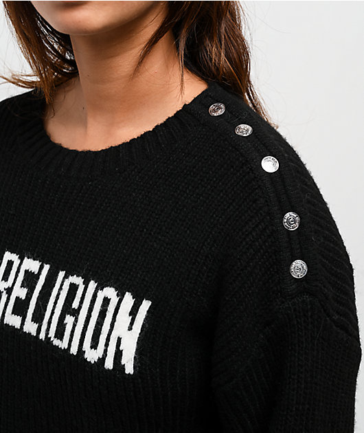 True Religion Convertible Cold Shoulder Black Sweater | Zumiez