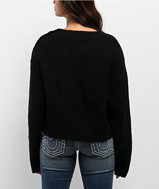 True Religion Convertible Cold Shoulder Black Sweater | Zumiez