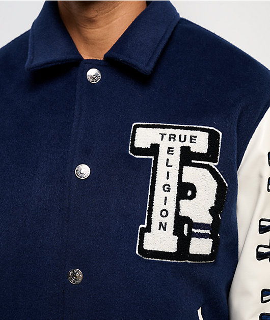 True Religion Crest Wool Nation Navy Blue Varsity Jacket | Zumiez