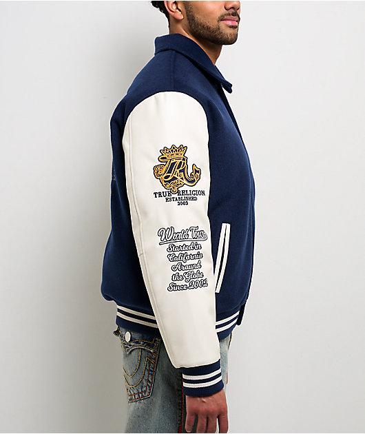 True Religion Crest Wool Nation Navy Blue Varsity Jacket | Zumiez