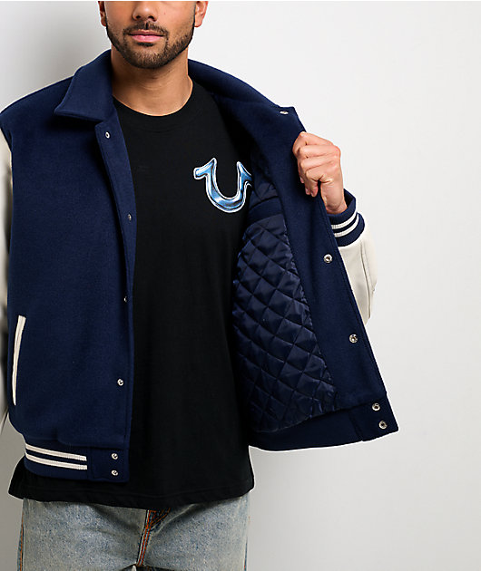 True Religion Crest Wool Nation Navy Blue Varsity Jacket | Zumiez