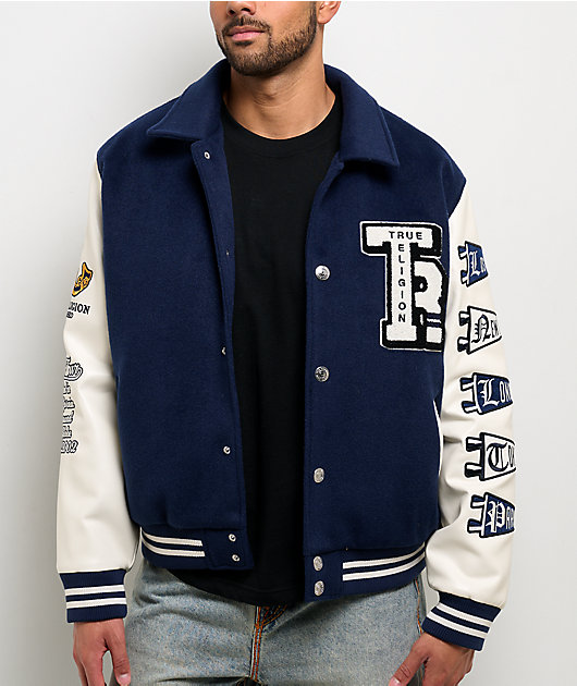 True Religion Crest Wool Nation Navy Blue Varsity Jacket | Zumiez