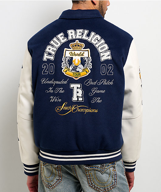 True Religion Crest Wool Nation Navy Blue Varsity Jacket | Zumiez