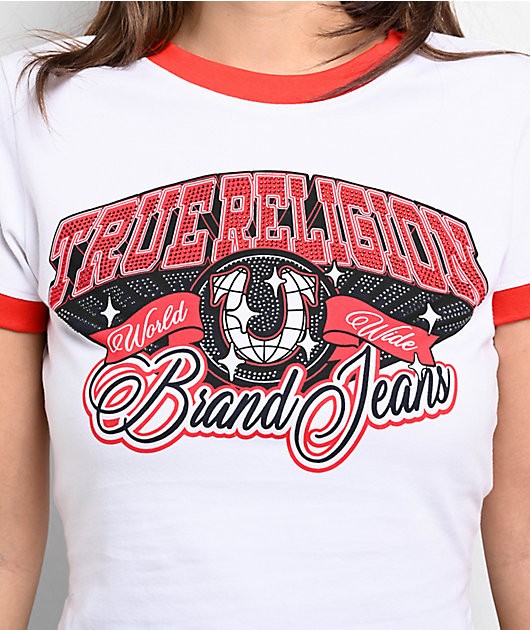 True Religion Crystal Logo White & Red Ringer Crop T-Shirt | Zumiez