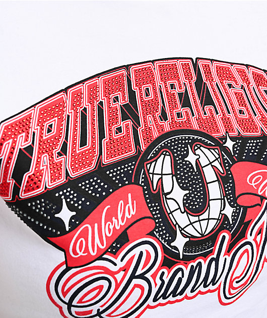 True Religion Crystal Logo White & Red Ringer Crop T-Shirt | Zumiez