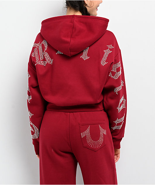 True Religion Crystal Relaxed Red Crop Zip Hoodie | Zumiez
