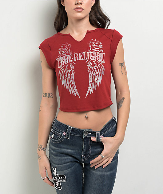 True Religion Crystal Wing Notch Rib Red Crop T-Shirt | Zumiez