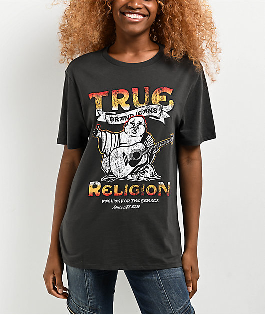 True Religion Distressed TR Logo Black Wash T-Shirt | Zumiez