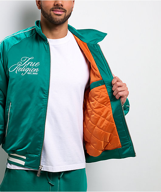 True Religion Logo Crest Satin Oak Leaf Green Bomber Jacket | Zumiez