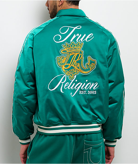 True Religion Logo Crest Satin Oak Leaf Green Bomber Jacket | Zumiez