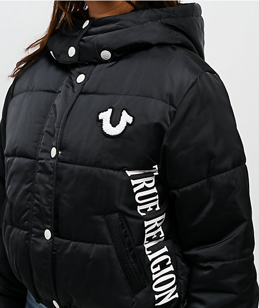 True Religion Patched Black Crop Puffer Jacket | Zumiez