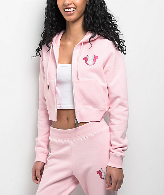 True Religion x Playboy Crystal Pink Crop Zip Hoodie | Zumiez