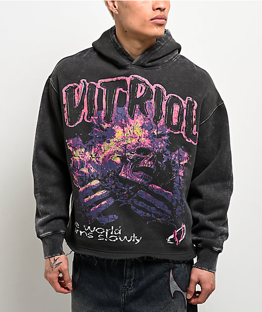 Vitriol Slow Burn Charcoal Wash Distressed Crop Hoodie | Zumiez